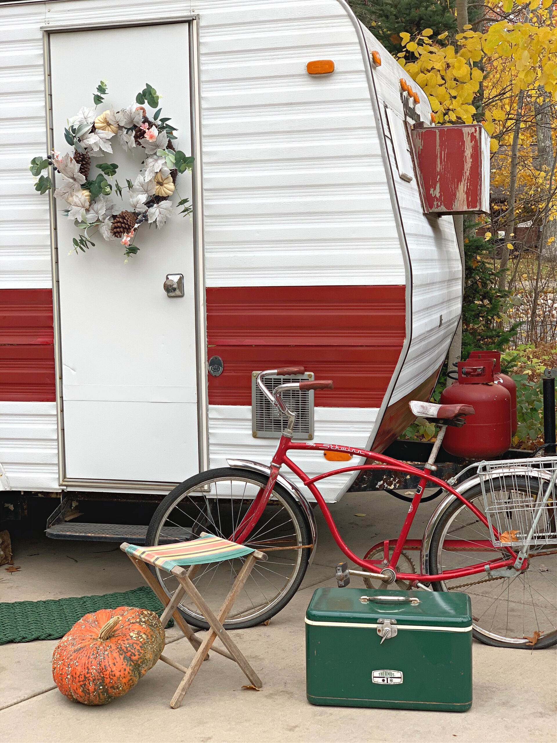 Vintage Camper Decorated for Fall ~ White Arrows Home