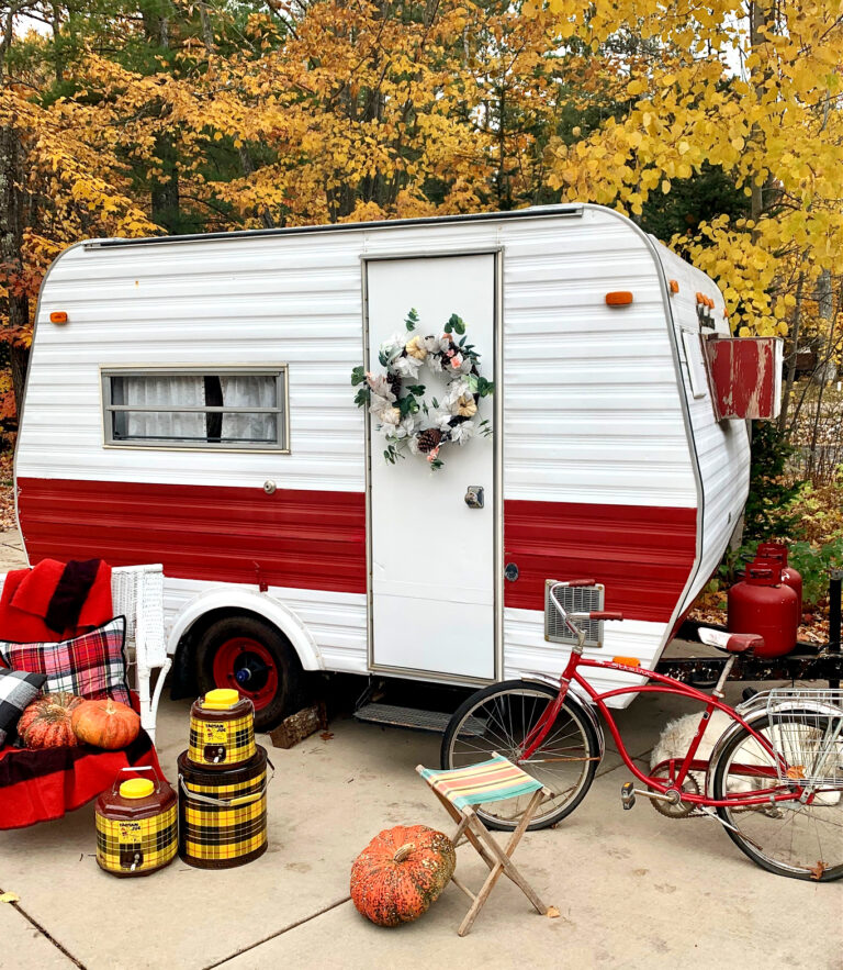 Vintage Camper Decorated for Fall ~ White Arrows Home