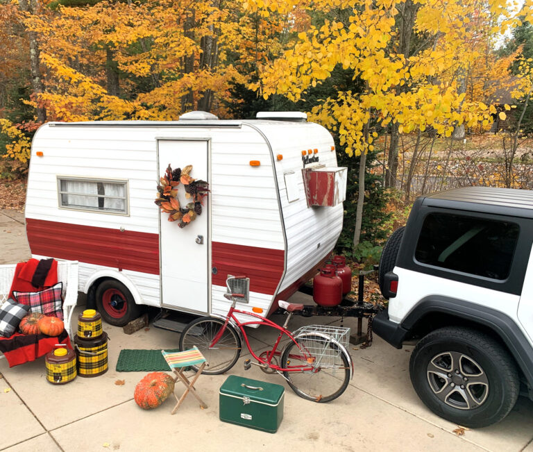 Vintage Camper Decorated for Fall ~ White Arrows Home