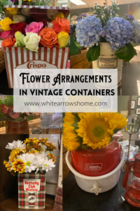 Flower Arrangements in Vintage Containers ~ White Arrows Home